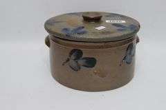 Antique Blue Decorated Stoneware Cake Crock with Lid-Chips to Underside ...