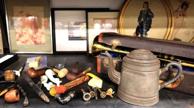 Collection of Vintage Estate Pipes, Trumpet, Framed Photos & Needlework ...