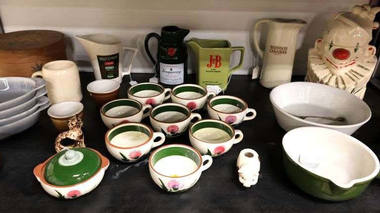 Lot Vintage Stangl Pottery Cups, Hall China Bean Pot, Clown Cookie Jar ...