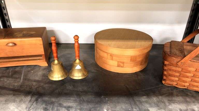 Lot Brass Bells, Picnic Basket, Wooden Chest & Pantry Box - Dixon's ...