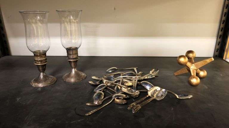 Lot Silver Plate / Metal Hurricane Globes, Flatware & Cast Iron Jack ...
