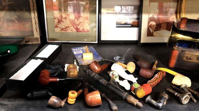 Collection of Vintage Estate Pipes, Trumpet, Framed Photos & Needlework ...