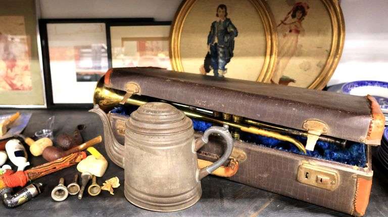 Collection of Vintage Estate Pipes, Trumpet, Framed Photos & Needlework ...