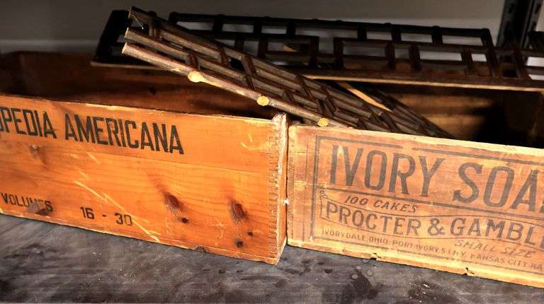 Lot of Vintage / Antique Advertising Crates, Wood Carved Elements ...