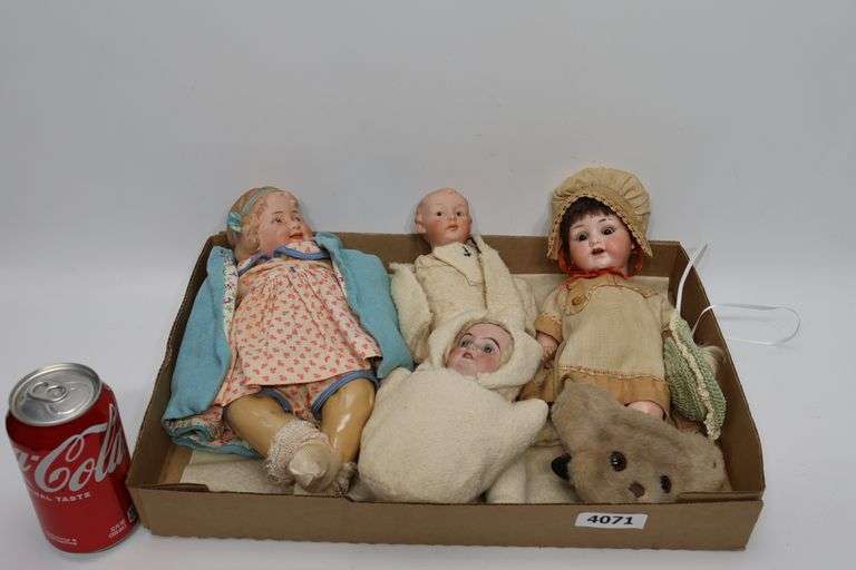 .(4) 4 German Bisque Head Dolls including Gerbruder Heubach & Steiff ...