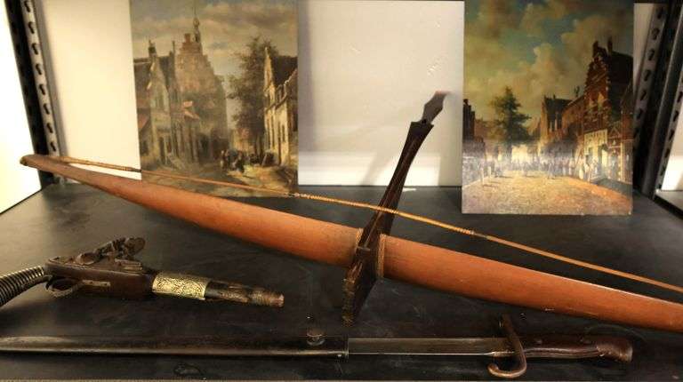 Lot Flintlock Decorator Pistol, Crossbow, German Bayonet, Cityscape ...