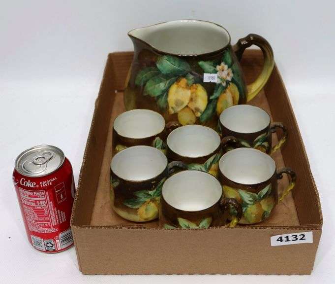 (7) Antique French Porcelain Painted Lemonade Pitcher Set-Tight Crack ...