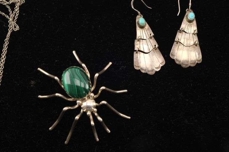 E. Spencer Sterling Malachite Spider Pin, Jh Sterling Turquoise ...