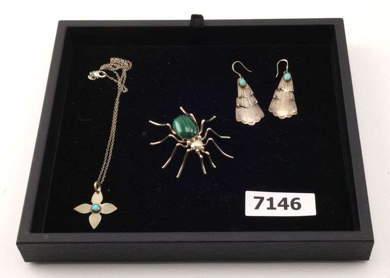 E. Spencer Sterling Malachite Spider Pin, Jh Sterling Turquoise ...
