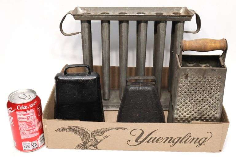 (4) Antique Candle Mold, Cow Bells, & Grater - Dixon's Auction at Crumpton