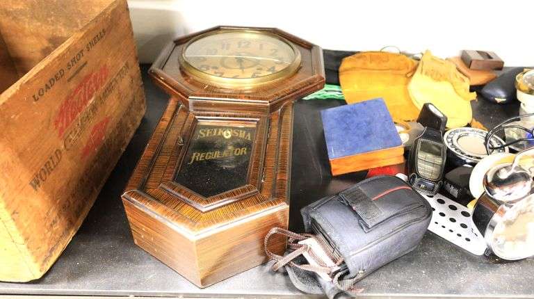 Lot Antique Wall Clock, Alarm Clocks, Western Ammo Crate Etc. - Dixon's ...