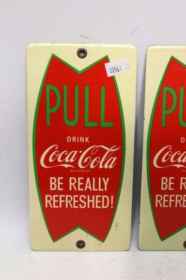 2 Reproduction Coca Cola Porcelain Door Push Signs - Dixon's Auction at ...