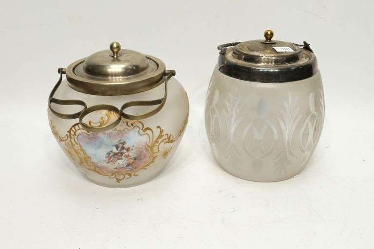 (2) Antique Glass Biscuit Jars-Enamel & Crystal - Dixon's Auction at ...