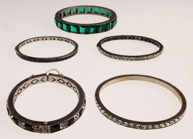 (5) Engraved Sterling Silver and Rhinestone Bangle Bracelets, 2 Non ...