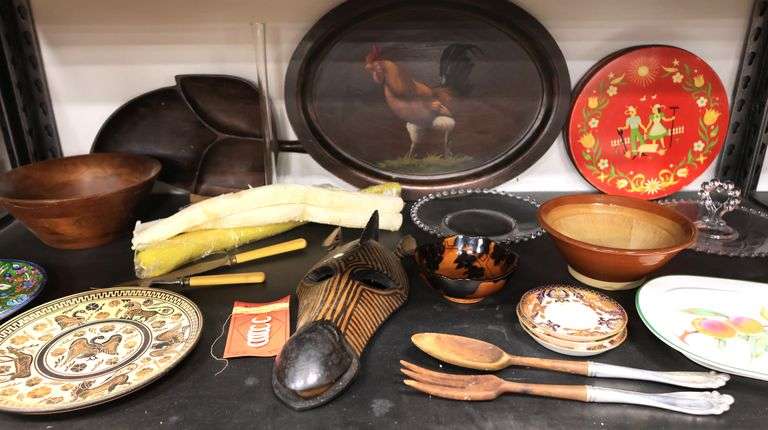 Lot Wood Carved Zebra Mask & Tray, Painted Rooster Platter, Art Pottery ...