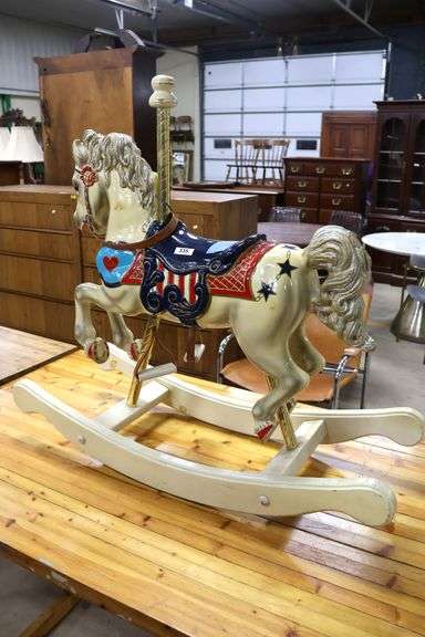 Vintage Signed Carved Wood Carousel Rocking Horse - Dixon's Auction at ...