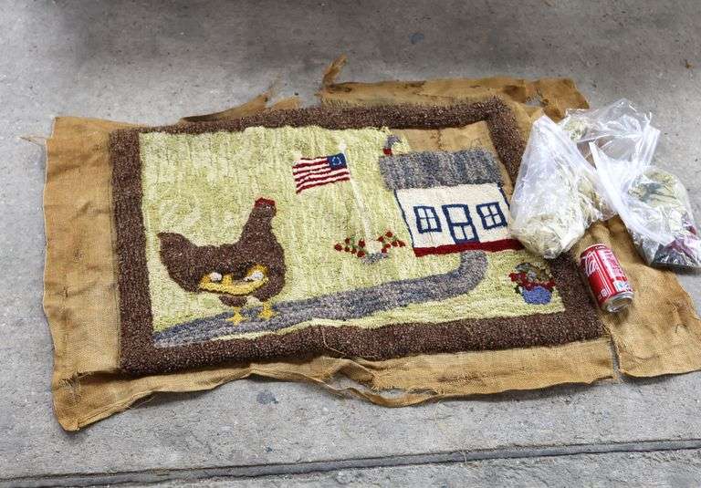 Vintage Unfinished Patriotic Chicken Hooked Rug with Material - Dixon's ...