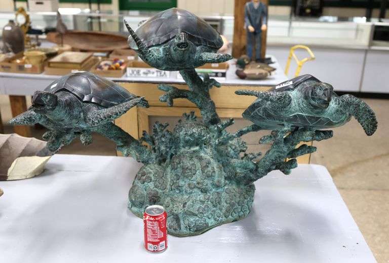 Large Bronze Fountain of Sea Turtles Swimming Through Coral, Needs ...