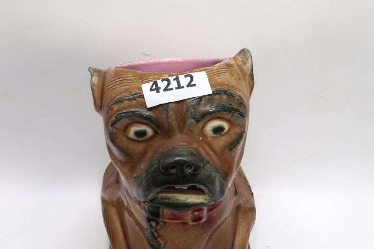 Antique Majolica Dog Pitcher-Chip to One Foot - Dixon's Auction at Crumpton