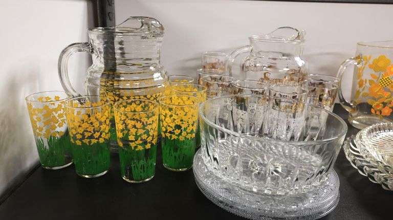 MCM Painted Glass Lemonade Sets and Clear Pressed Glass - Dixon's ...
