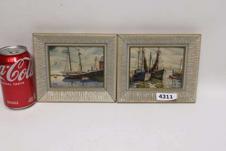Pair Miniature New England Harbor Scene Paintings Signed a.C.M. - Dixon ...