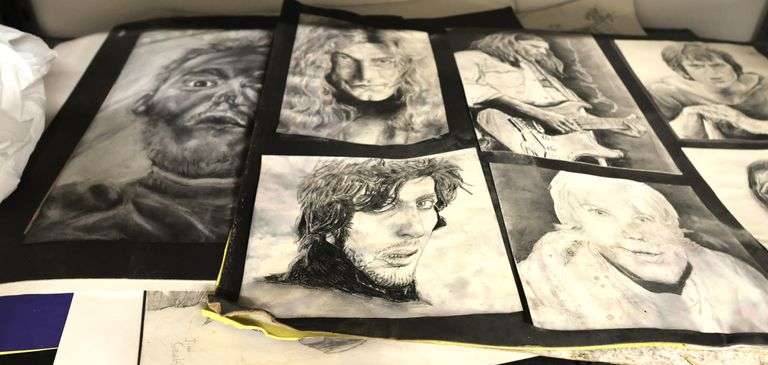 Artist Portfolio of Lightly Soiled Art, Drawings Etc., Bag of Seashells ...