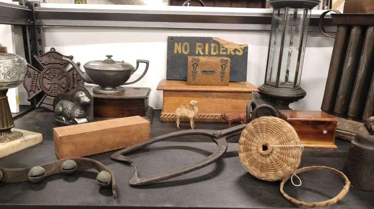 Primitive Lot of Antique Candle Mold & Sconce, Ice Tongs, Oil Lamps ...
