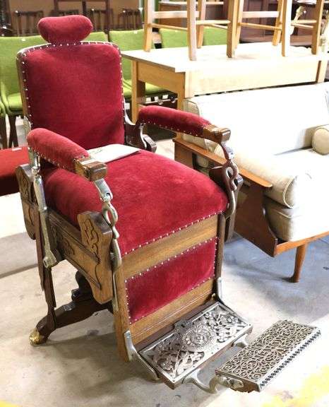 Koken Antique Golden Oak and Nickel Plated Cast Iron Barber's Chair ...