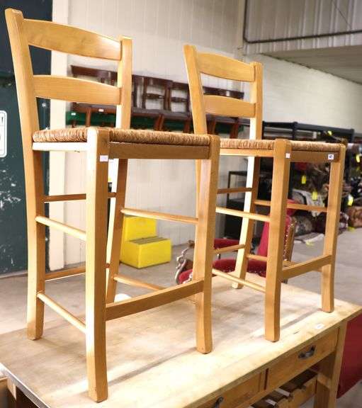Pair MCM Ladder Back Rush Seat Stools - Dixon's Auction at Crumpton