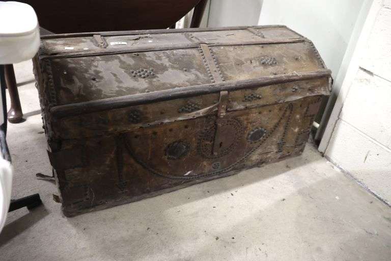 Antique Hide Covered Tack Decorated Trunk, As-Is - Dixon's Auction at ...