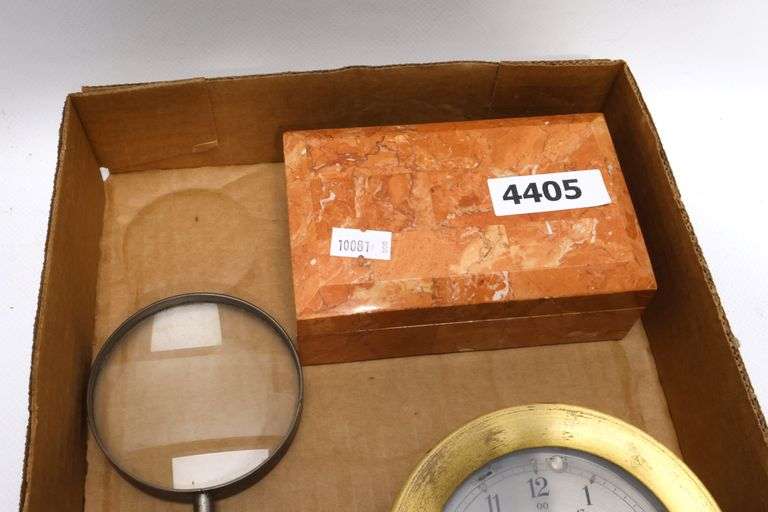 (3) Schantz Ship's Clock, Tessellated Stone Box, & Magnifying Glass ...