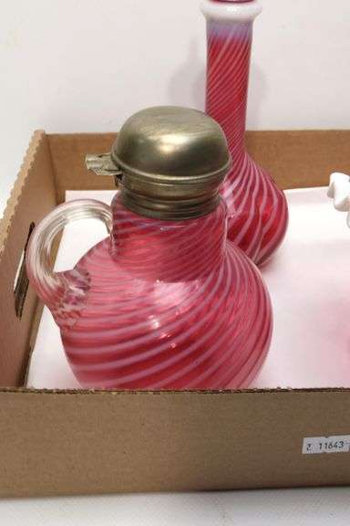 Victorian and Fenton Cranberry Opalescent Glass Barber's Bottles, Syrup ...