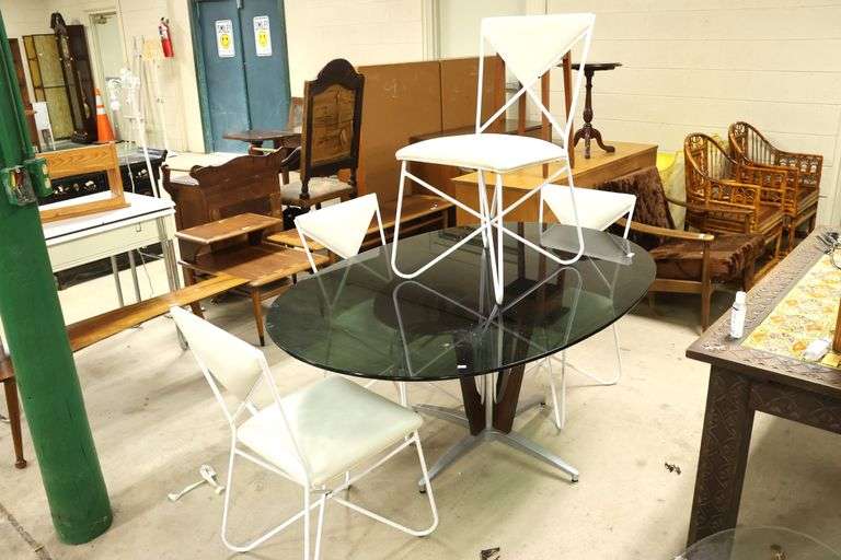 U.S. Furniture Industries MCM Glass Top Dining Table and Four Chairs ...
