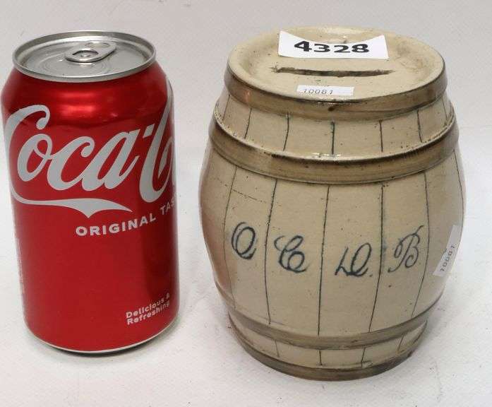 Antique Folk Art Stoneware Barrel Form Still Bank - Dixon's Auction at ...