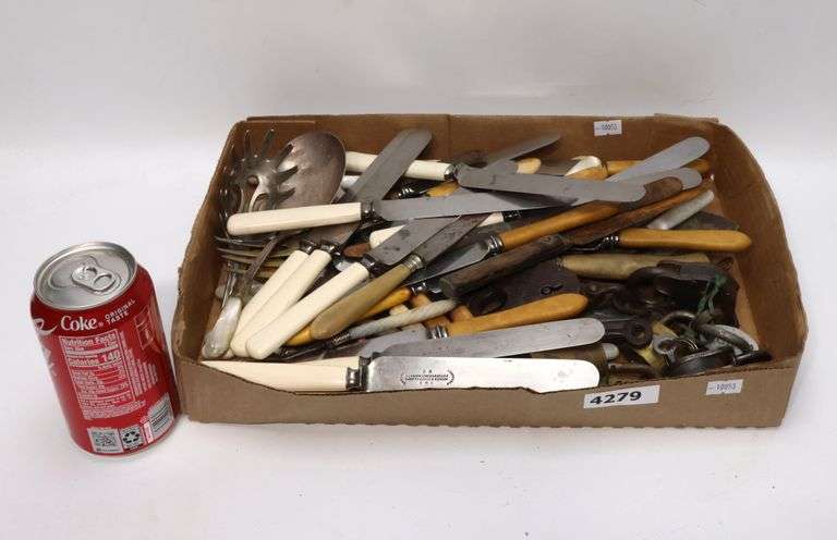 Lot of Antique Mop Handled Flatware, Carved Handle Flatware, & Locks ...