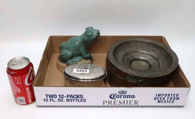 (3) Art Pottery Frog, Silver-Plated Jewelry Casket, & Copper Pot ...