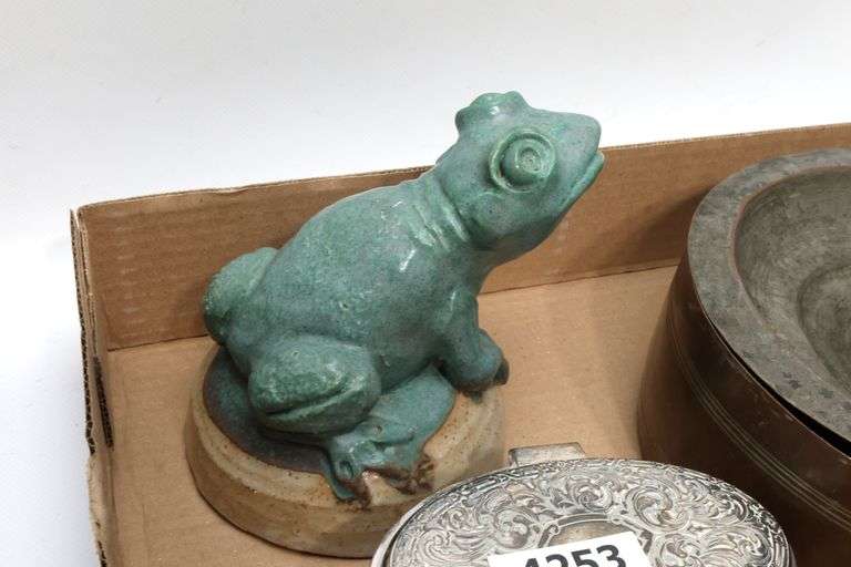 (3) Art Pottery Frog, Silver-Plated Jewelry Casket, & Copper Pot ...