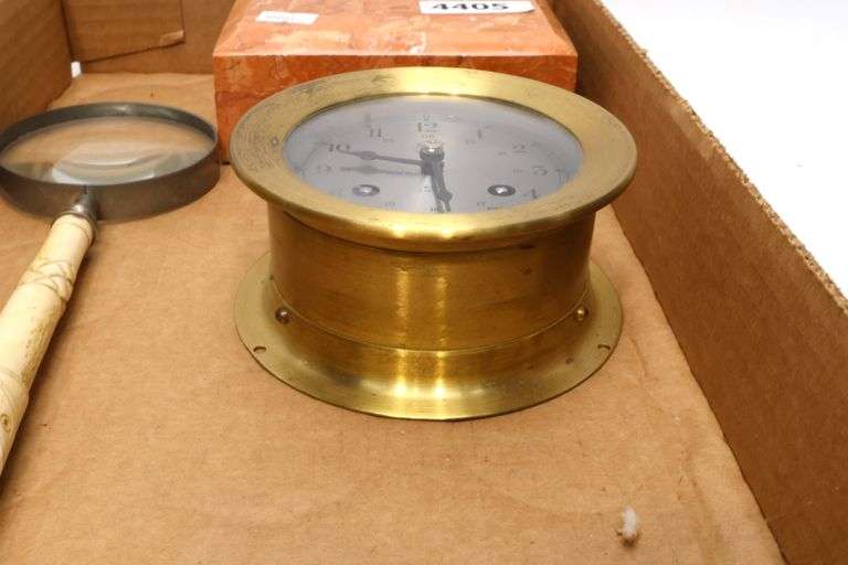 (3) Schantz Ship's Clock, Tessellated Stone Box, & Magnifying Glass ...