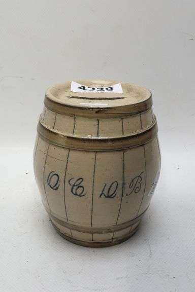 Antique Folk Art Stoneware Barrel Form Still Bank - Dixon's Auction at ...