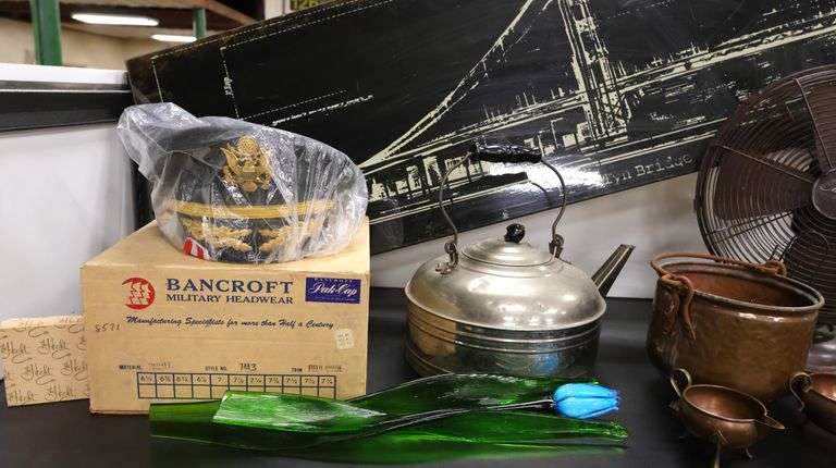 Lot of Copper Vessels, Military Visor Cap, Tea Kettle, Aloha Fan ...