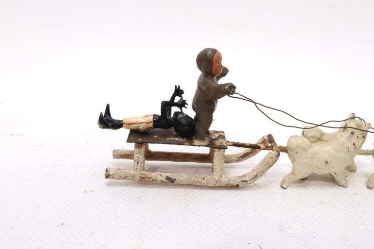 (2) Antique Cold Painted Lead Sleigh Being Pulled By Dogs & Boy - Dixon ...