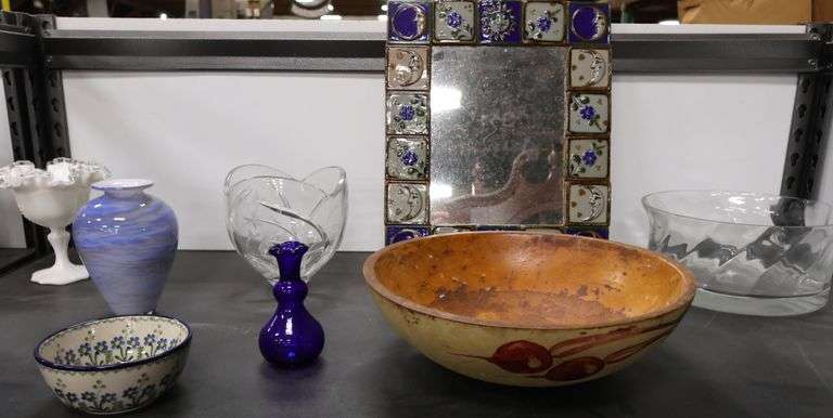 Wooden Dough Bowl, Pottery Mirror Frame, Glassware, Etc. - Dixon's ...