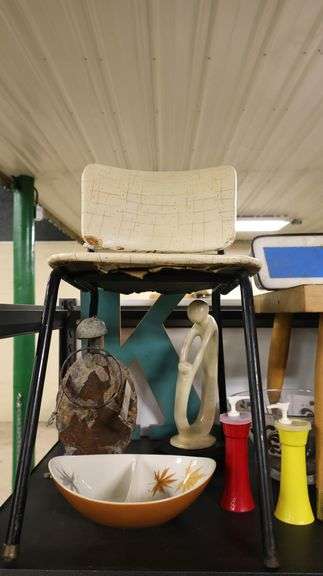 Lot Vintage Side Table, Chair, Aluminum Canister Set, Ladybug Sprinkler ...