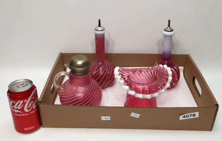 Victorian and Fenton Cranberry Opalescent Glass Barber's Bottles, Syrup ...