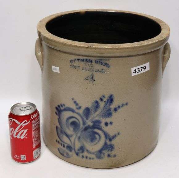 Antique Ottman Bros Fort Edward NY Blue Decorated Stoneware Crock-Chips ...