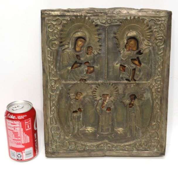 Antique Russian Orthodox Icon with Brass Oklad - Dixon's Auction at Crumpton