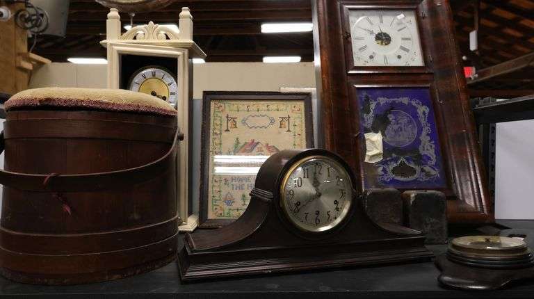 Antique Wall Clock, Weather Station, Needlework, Firkin Stool Etc ...