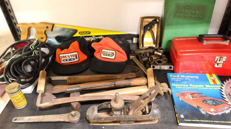 Lot of Vintage Tools, Mustang Repair Book, Tool Box, Saw Blade Clock ...