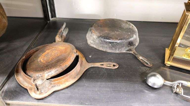 Lot Vintage Cast Iron Skillet & Waffle Press, Griswold, Seiko Clock Etc ...