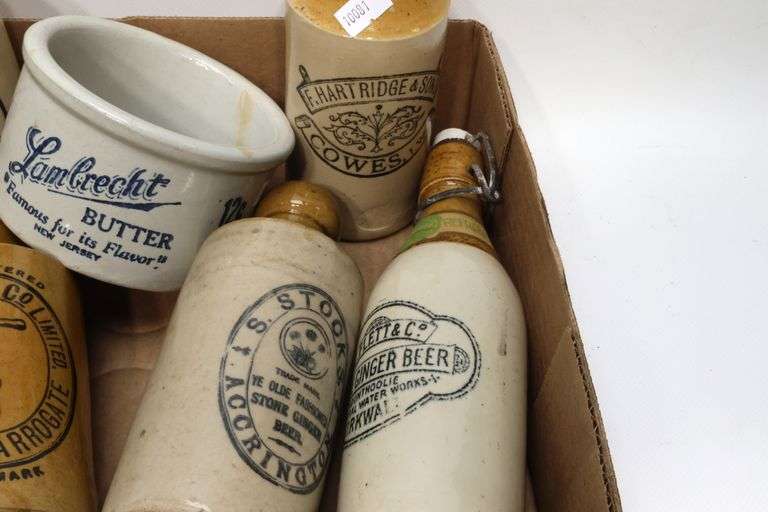 (9) 8 Antique Ginger Beer Stoneware Advertising Bottles and Lambrecht ...